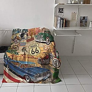 Singingin Ultra Soft Flannel Fleece Bed Blanket Retro Car Motel Route 66 Throw Blanket All Season Warm Fuzzy Light Weight Cozy Plush Blankets for Living Room/Bedroom