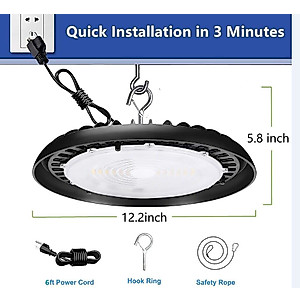 2 Pack LED High Bay Light with US Plug 6FT Cable, 120V 200W 26000LM 5000K Daylight, 800W-1000W HID/HPS Equivalent, UL IP65 Commercial Warehouse Lighting for Workshop,Garage, Gym,Factory, Non-Dim