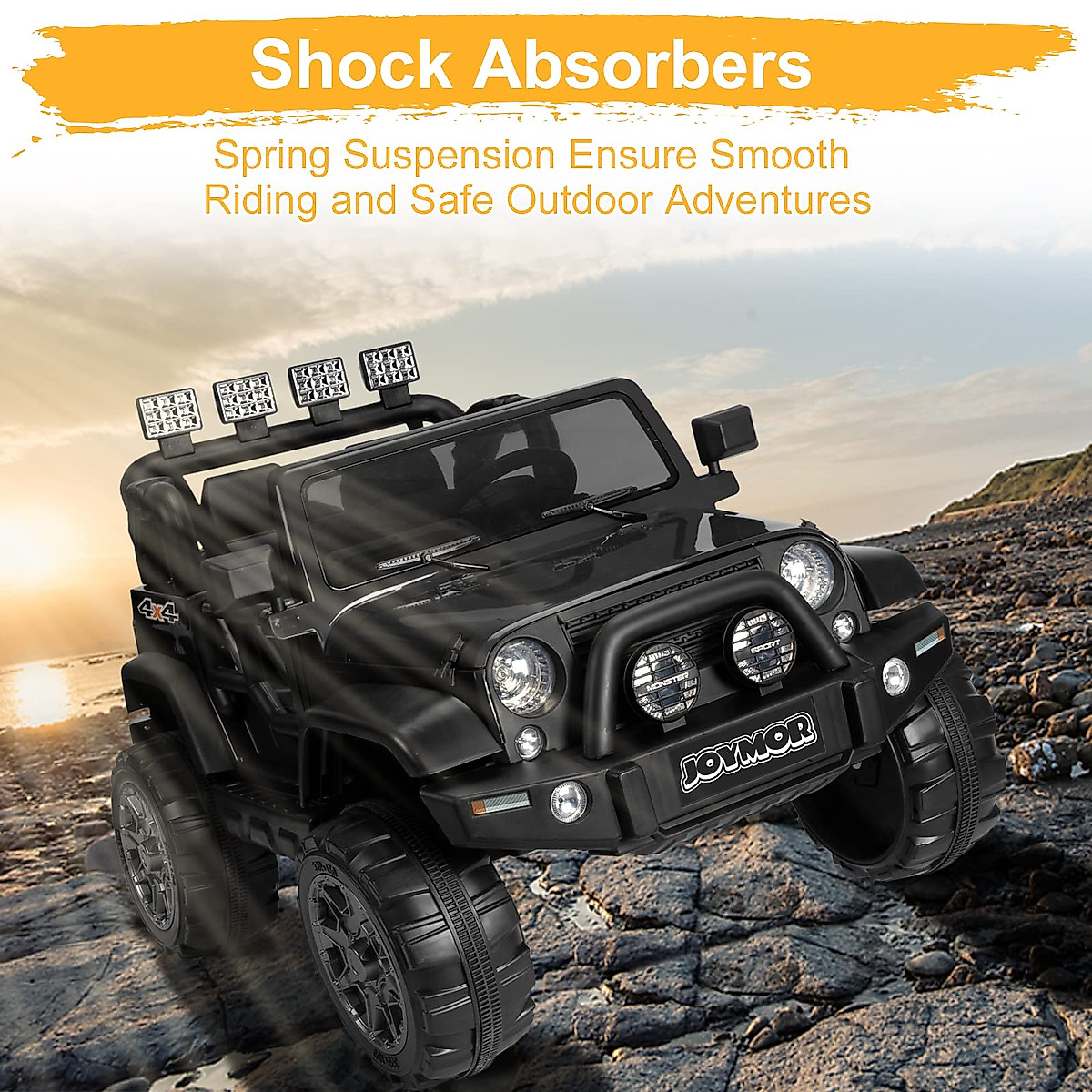 JOYMOR 2 Seat Ride on Truck, 12V Kids Electric Battery Powered Car with Remote Control, Motorized Toddler Vehicles Truck Toy, Adjustable Speeds, MP3 Player, LED, Horn (Two seat, Black)