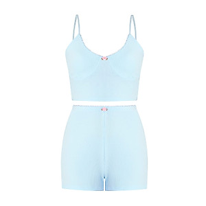 RUEWEY Women Floral Pajama Set Spaghetti Strap Lace Cami Crop Tops and Shorts Knit Lounge Set 2 Piece Outfits (A-Blue, S)