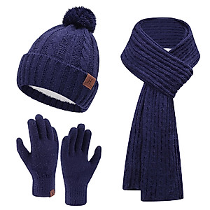 Womens Winter Warm Beanie Hat Touchscreen Gloves Long Scarf Set Ribbed Cable Knit with Fleece Lined Skull Pom Caps
