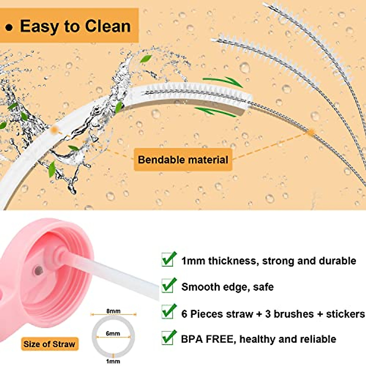 Desing Wish 6 PCS Replacement Straws Compatible with Hydro Flask/Stanley IceFlow Wide Mouth Bottle Straw Lid, BPA Free Water Bottle Straw for Wide Mouth Straw Cap with 3 Brushes and Some Stickers