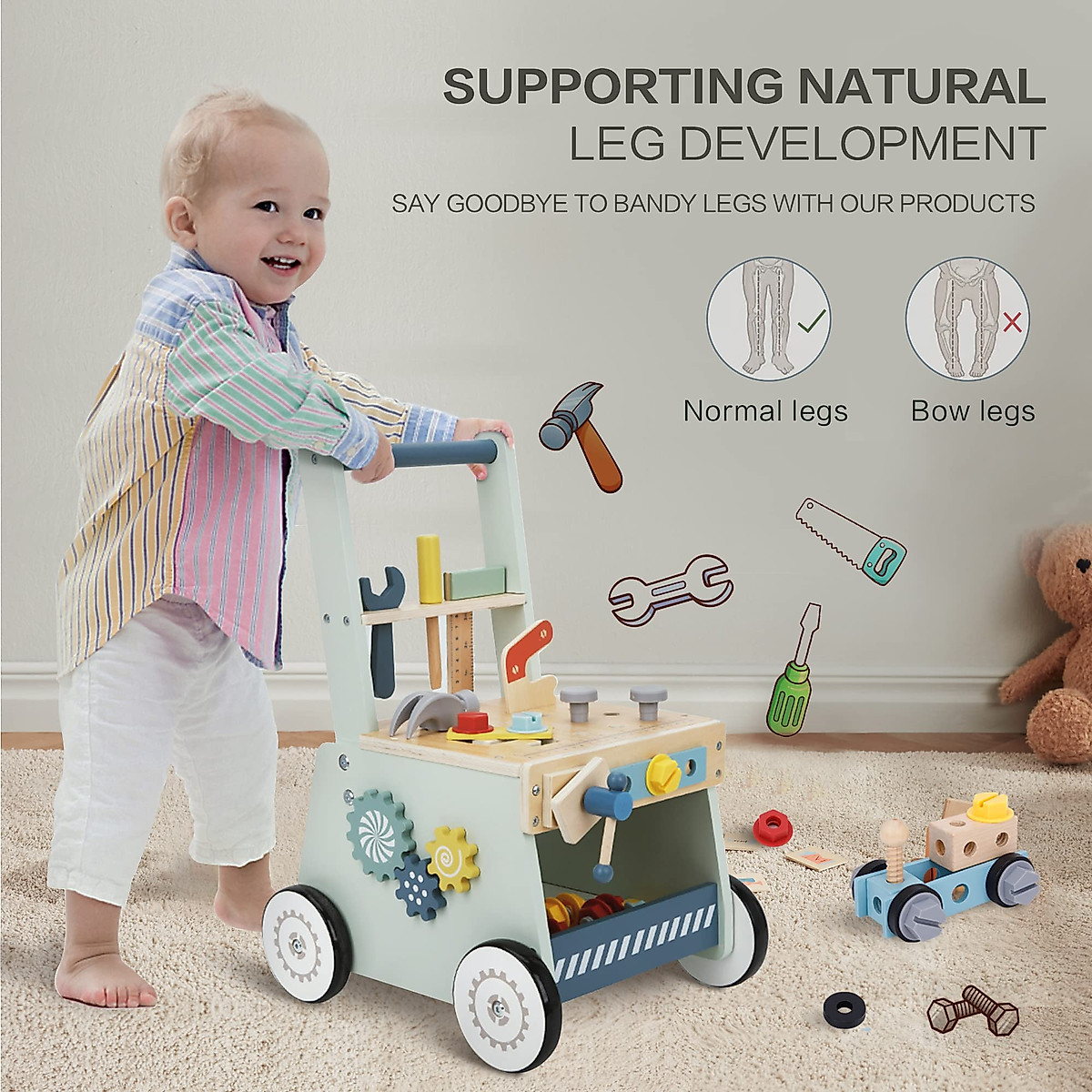 2-in-1 Baby Push Walker - Wooden Push Walker and Tool Toy for Babies - Toddler Learning Activity Walker for Girls Boys 1-3 Years - Educational and Sturdy Construction