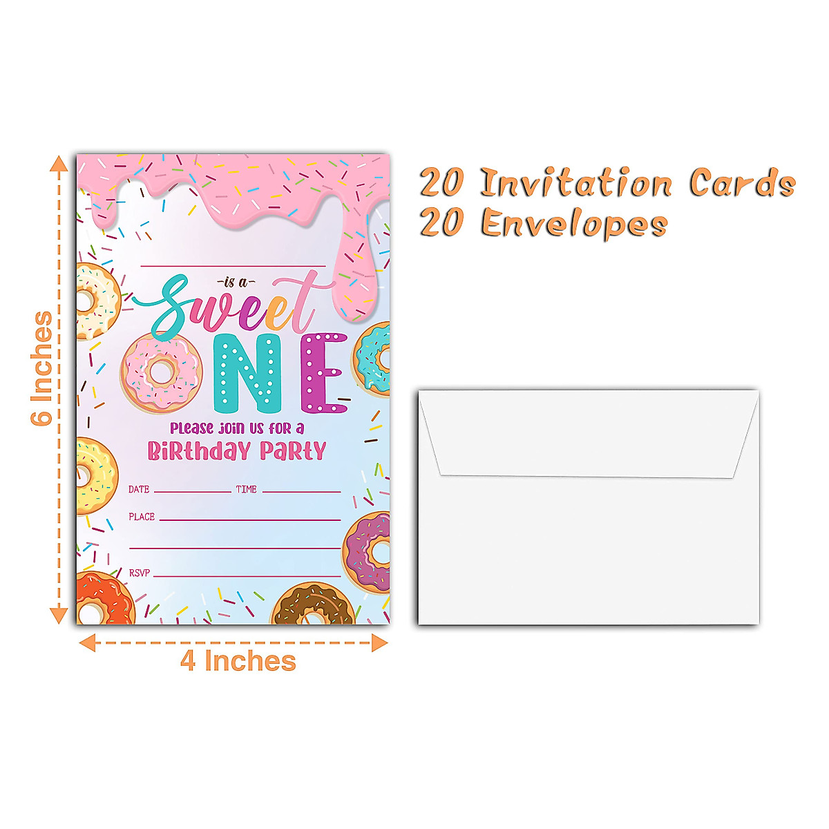 YQV Donut Sweet One Birthday Party Invitations, 20-Count Donut First Birthday Party Invites With Envelopes-HBYQK-B46