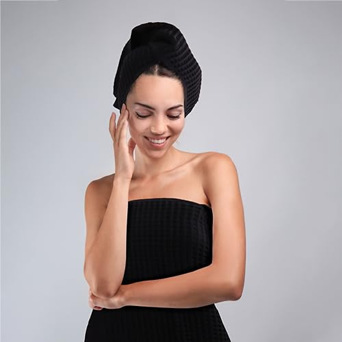 Püskül - 4 Pieces Waffle Towel Sets for Bathroom, Premium Organic Turkish Cotton 2 Hand Towels 2 Bath Towels Set (Black)