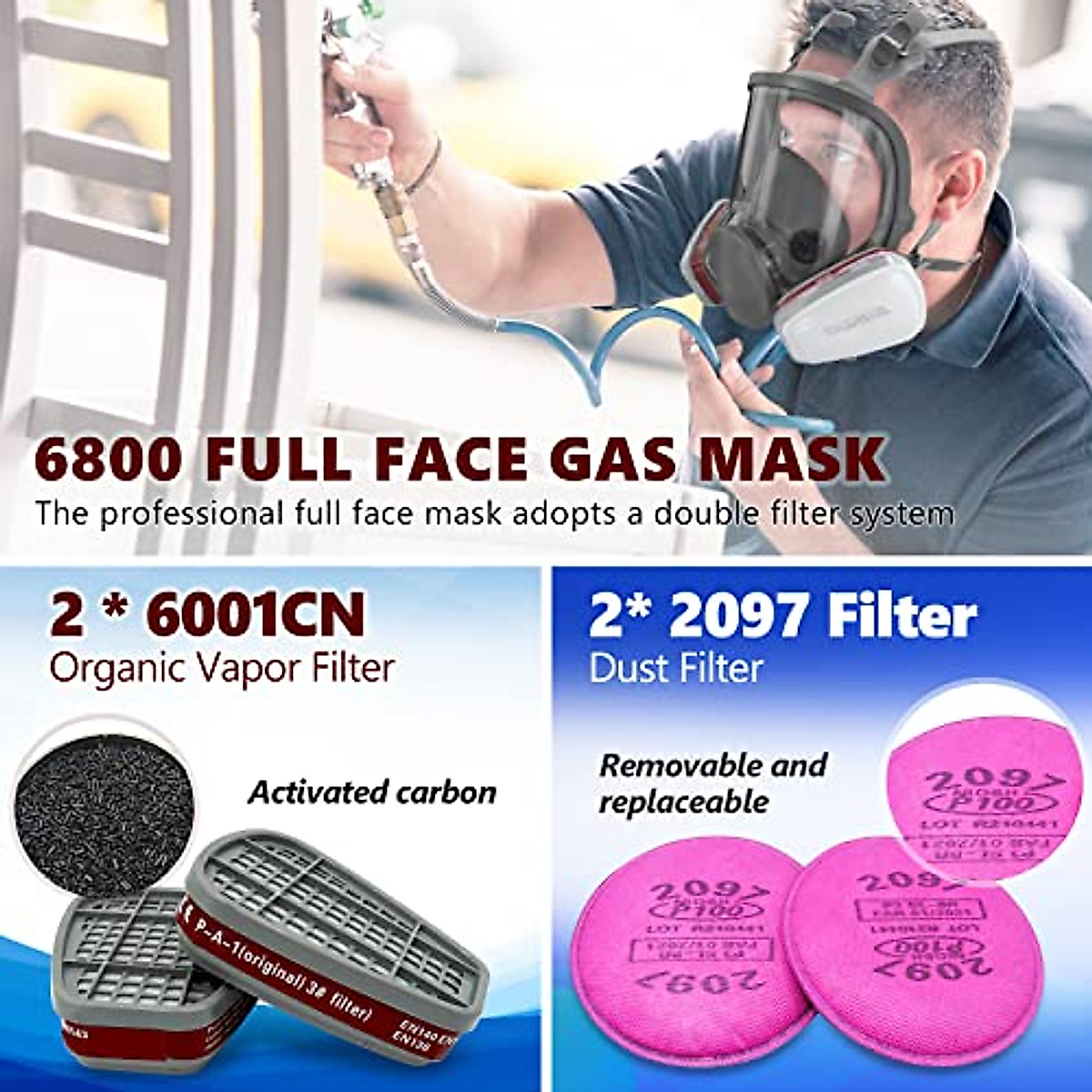 GZYZAMZ 6800 Full Face Gas Mask - Anti-fog, Dust-proof Respirator Nuclear with 2097 & 6001CN Filters Protection for Painting, Mechanical Polishing, Welding and Other Work Protection