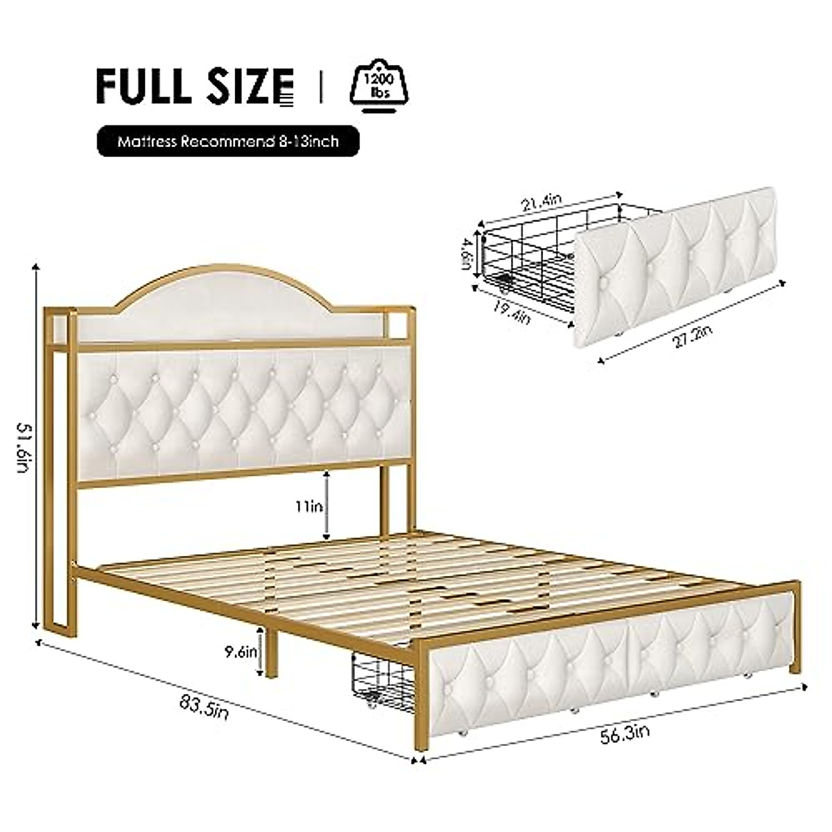 HITHOS Full Size Bed Frame with 2 Drawers and Storage Headboard, Button Tufted Modern Upholstered Platform Bed with Charging Station, No Box Spring Needed, 51.6" Tall Headboard, Off White