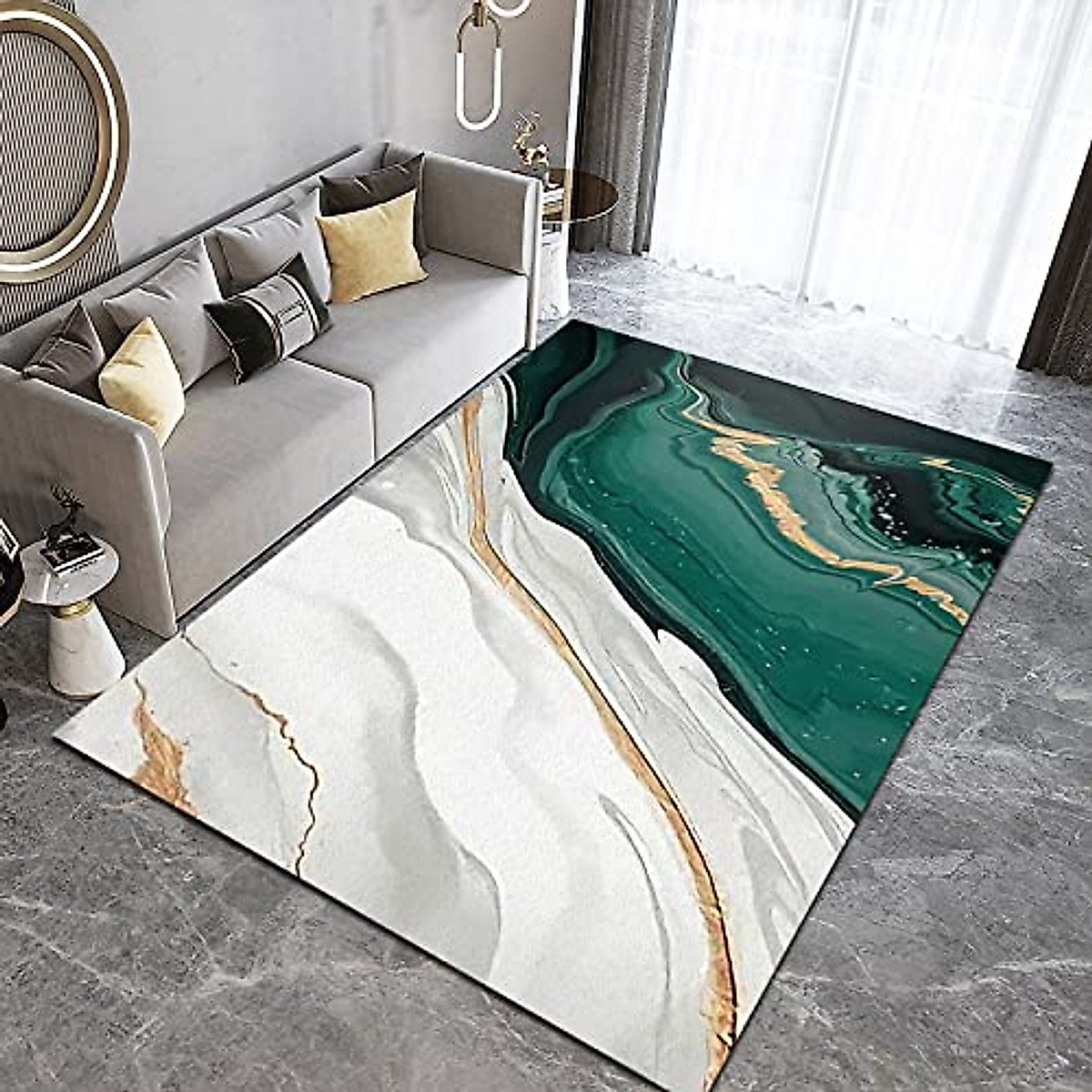 JUGTL Emerald Green Art Area Rug, Gold Lines Decorative Rug, Washable Bedroom Rug with Non-Slip Backing Large Area Soft for Boys Girls Living Room Entrance Corridor Kids Room Office-6ft×8ft