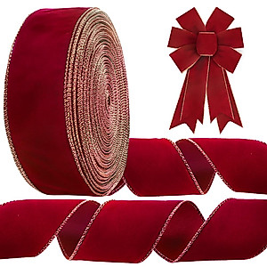 Threetols 100 Yards Red Velvet Wired Edge Ribbons, 2.5inch Red Velvet Solid Ribbon Gilt Edged Burlap Ribbon for New Year Birthday Party Wrapping DIY Craft Decoration Wreaths Bow