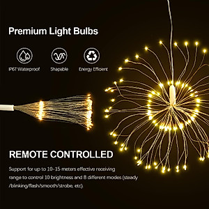 KIKILIVE Firework Lights, 8 Pack LED Copper Wire Fireworks Lights Fairy Lights Christmas Fireworks Hanging Dimmable String 8 Modes Waterproof with Remote Control for Christmas Wedding Garden