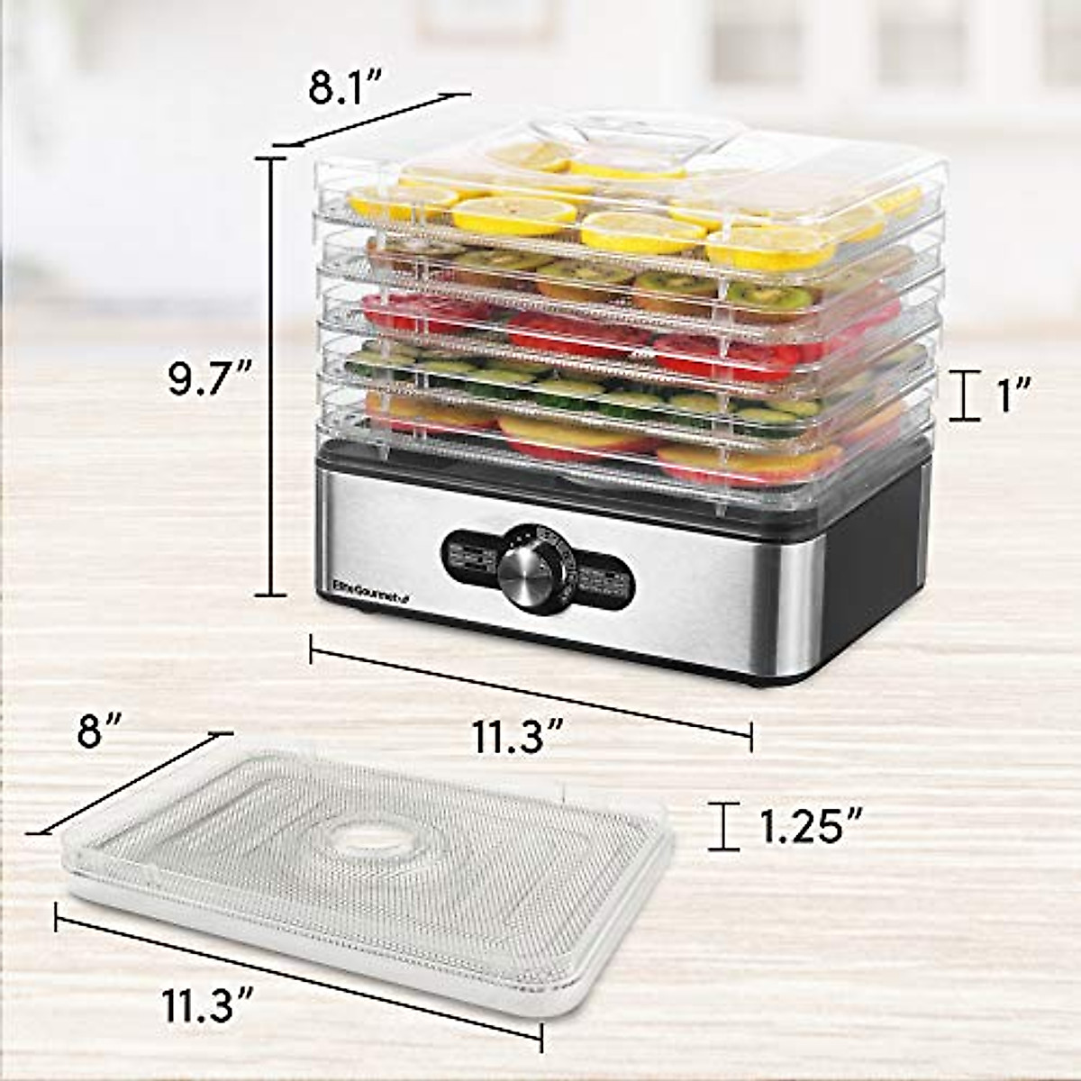 Elite Gourmet EFD3321 Food Dehydrator, Stainless Steel Trays Adjustable Temperature Controls, Jerky, Herbs, Fruit, Veggies, Dried Snacks, Stainless Steel