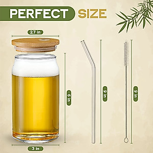 4pcs Set - Tinni’s Glass Cups with Bamboo Lids and Glass Straw - Reusable Beer Can Shaped Drinking Glasses, 16 oz Iced Coffee Glasses, Cute Tumbler Cup for Smoothie, Boba Tea -Cleaning Brush