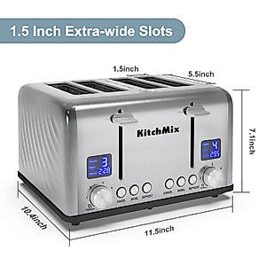 Toaster 4 Slice, KitchMix Bagel Stainless Toaster with LCD Timer, Extra Wide Slots, Dual Screen, Removal Crumb Tray (Stinless steel)