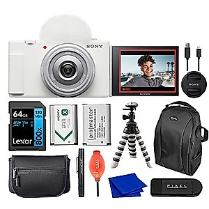 Sony ZV-1F Vlogging Camera (White) Bundle with Flexible Tripod & 64GB SD Card & More