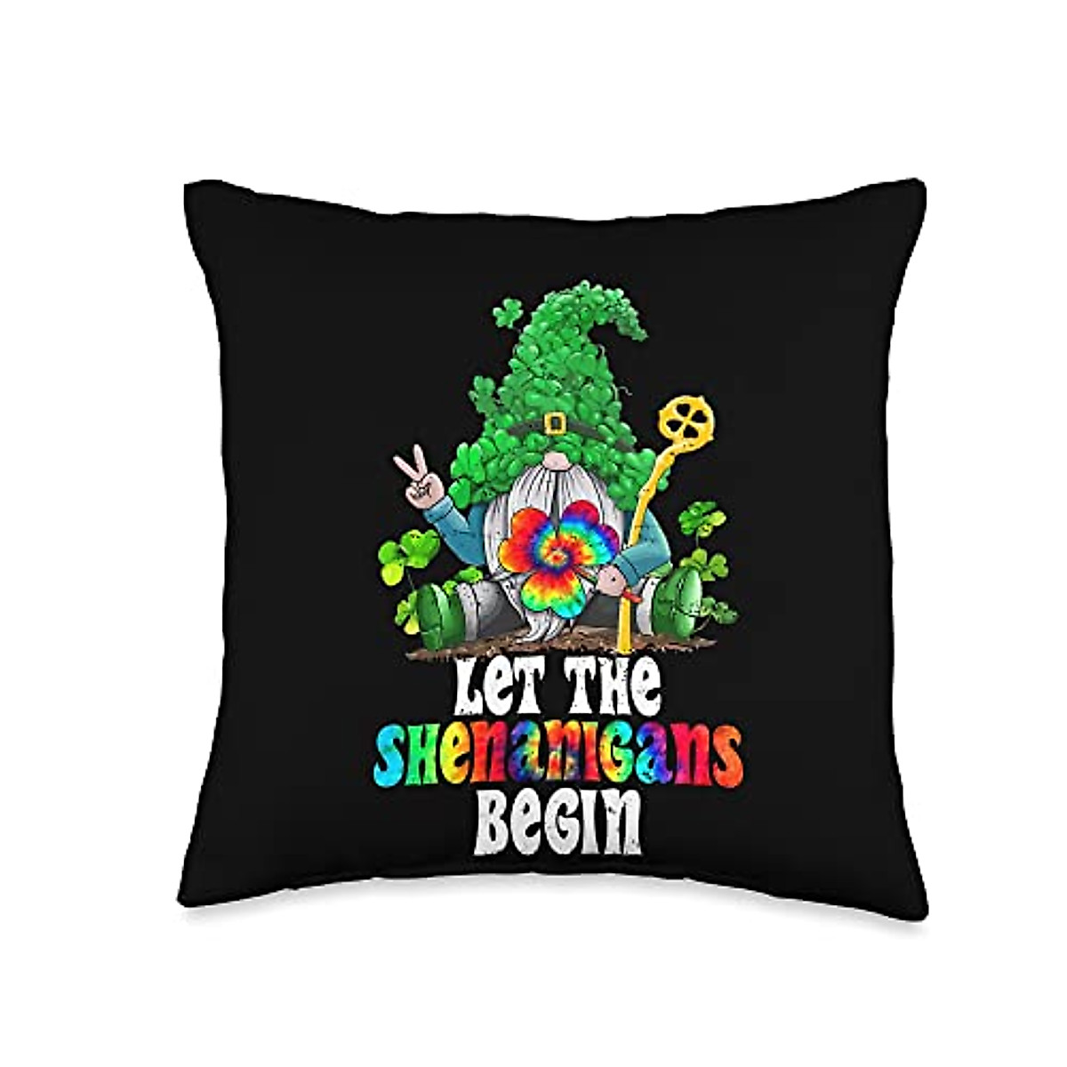 Colorful St Patricks Day Gnome Lover Irish Lucky Let Shenanigans Begin Colorful Gnomes St Patricks Day Throw Pillow, 16x16, Multicolor