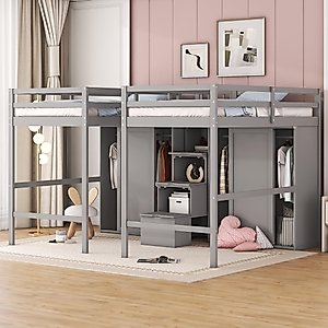 Double Loft Beds with Stairs and 2 Wardrobes, Twin Size Wood Loft Bed Frame with Large Storage Staircase and Closet for Two Kids Girls Boys Teens, No Box Spring Needed, Gray