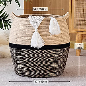 KAKAMAY Woven Baskets for Storage(17"x17"),Large Cotton Rope Basket Baby Laundry Hamper,Collapsible Basket, Blanket Organizing Living Room,Nursery,Clothes,Toy chest (Black)