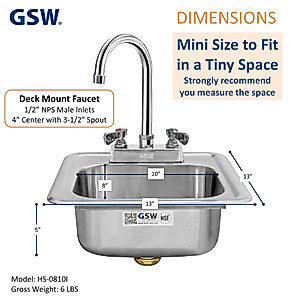 GSW HS-0810I Mini 13" x 13" Commercial Stainless Steel Drop-In Hand Sink with Gooseneck Faucet for Restaurants, Kitchens, Clinics, Bars