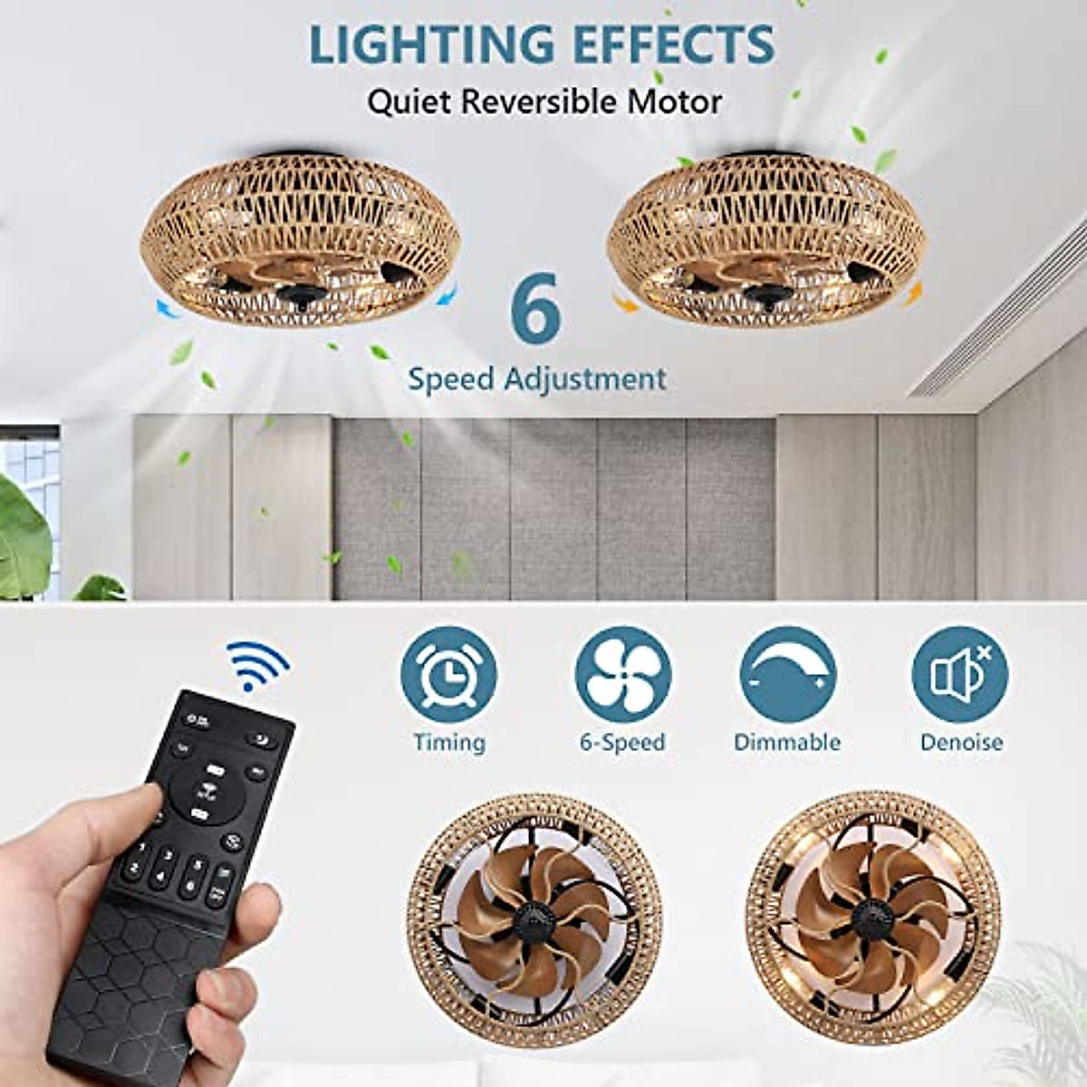 Dimmable Ceiling Fans with Lights and Remote, Rattan Ceiling Fan with 5 Bulbs, Enclosed Low Profile Flush Mount Ceiling Fan w/Reversible Blades/Memory Function/6 Speeds/Timing for Bedroom Living Room