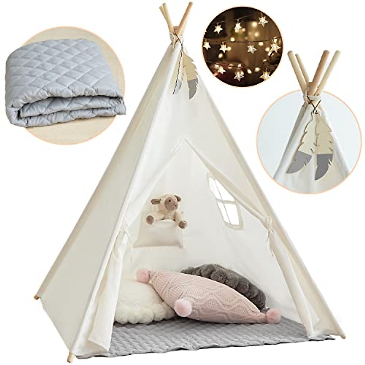Teepee Tent for Kids with Mat, White Teepee Play Tent Foldable Tipi Tents for Girls, Boys Indoor Outdoor with Kids Teepee with Grey Mat, Fairy Lights