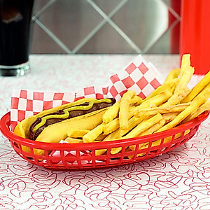 Luxshiny 6pcs Fast Food Baskets Plastic Oval Food Serving Tray Reusable Bread Fry Basket Burgers Storage Plates Fruit Baskets for Hot Dogs Sandwiches Chip Barbecues Picnics Red