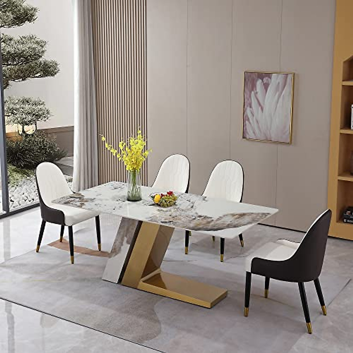 Montary 71” Modern Rectangle Dining Table for 6-8 Seat, Marble Dining Table with Sintered Stone Pandora Tabletop and L-Shape Stainless Steel & Stone Slate Base (Only Table)