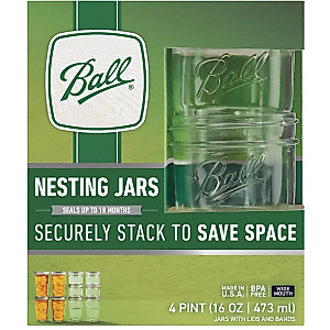 Ball Glass Nesting Mason Jars with Lids & Bands, Wide Mouth, Pint Size (Pack of 4)