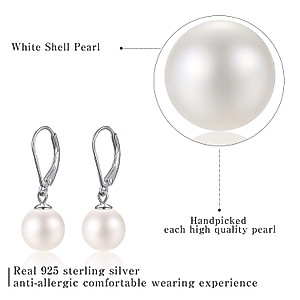 Esberry 925 Sterling Shell Pearl Silver Earrings 6-12mm Handpicked White Shell Pearl Drop Leverback Earrings for Women and Girls