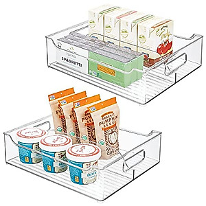mDesign Wide Plastic Kitchen Pantry Cabinet, Refrigerator, Freezer Food Storage Bin with Handles - Divided Organizer for Fruit, Yogurt, Snacks, Pasta - BPA Free, 14.5" Long, 2 Pack - Clear