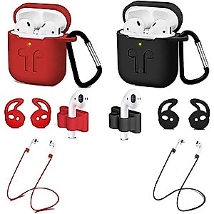 Airpods Case, Airpods Accessories Kits, 2 Packs Protective Silicone Cover Skin Apple Airpods Anti-Lost Airbag Belt,Airpods Ear Hook for Apple AirPods 2nd 1st Generation (Black+Red)