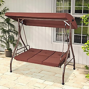 VEVOR 3-Seat Patio Swing Chair, Converting Canopy Swing, Outdoor Patio Porch with Adjustable Canopy, Removable Thick Cushion and Alloy Steel Frame, for Balcony, Backyard, Poolside, Brown