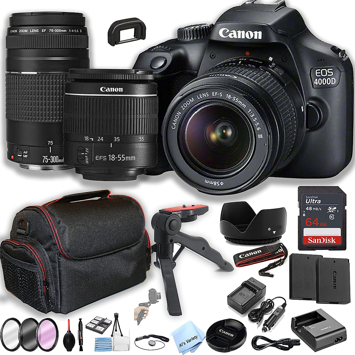 Canon EOS 4000D (Rebel T100) DSLR Camera w/EF-S 18-55mm F/3.5-5.6 Zoom Lens + 75-300mm F/4-5.6 III Lens + 64GB Memory + Case+ Steady Grip Pod + Filters + 2X Batteries + More (28pc Bundle)