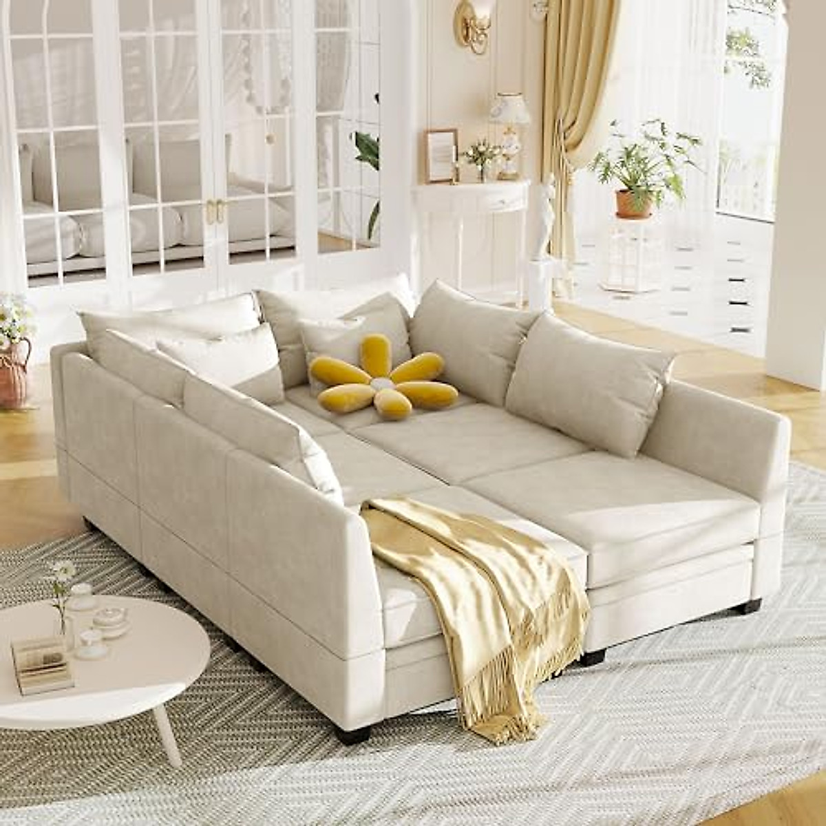 Merax U-Shape Modern Large Modular Sectional, Convertible Sofa Bed with Reversible Chaise, Beige