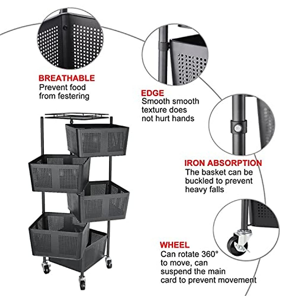 Moxeay Rotating Storage Rack Multi-Layer Kitchen Storage Shelf Square Removable Metal Basket Stackable Fruit Vegetable Storage Bins Household Shelf for Kitchen Bathroom