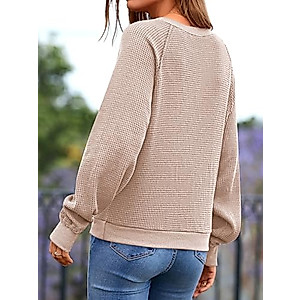PRETTYGARDEN Womens 2023 Batwing Long Sleeve v Neck Sweater Drop Shoulder Button Waffle Knit Pullover Winter Slouchy Henley Tops (Beige, Medium)