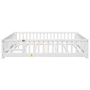 Full Floor Bed for Kids, Montessori Bed Frame with Fence-Shaped Guardrails, Support Slats and Door, Wood Floor Full Bed for Kids,Toddler,Boys Girls, No Box Spring Needed(White, Full Bed Frame)