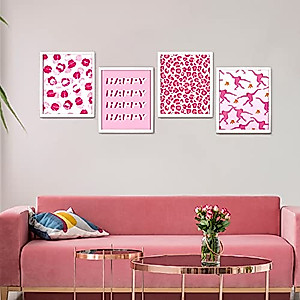 Chinco 6 Pieces Preppy Room Decor Aesthetic Wall Art Hot Pink White cheetah Print Wall Decor Cute Pink Posters for Teen Girls Dorm Bedroom Wall Decorations, Unframed, 8 x 10 Inches