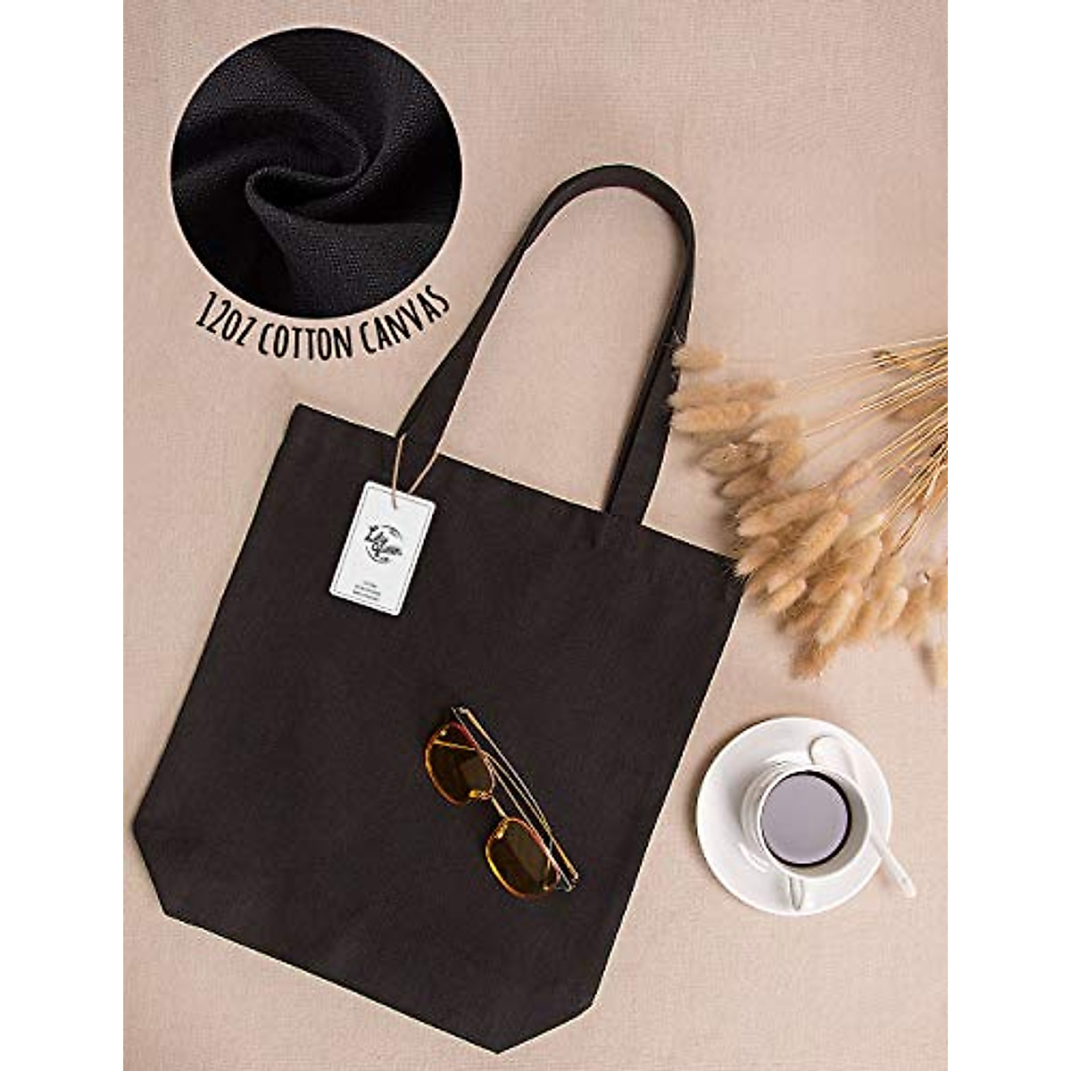 Lily queen Natural Canvas Tote Bags DIY Reusable Shopping Grocery Bag (Black - 6 Pack)