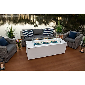 70" Linear Rectangular Modern Concrete Fire Pit Table w/Glass Guard and Crystals (White)