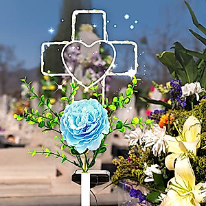 Joyathome 16 Inch Solar Cross Garden Stake Lights with 1 Artificial Flower Metal Garden Art for Patio Lawn Garden Decor Solar Outdoor Love Sign for Gravesites Memorial and Ideal Gifts for Loved Ones