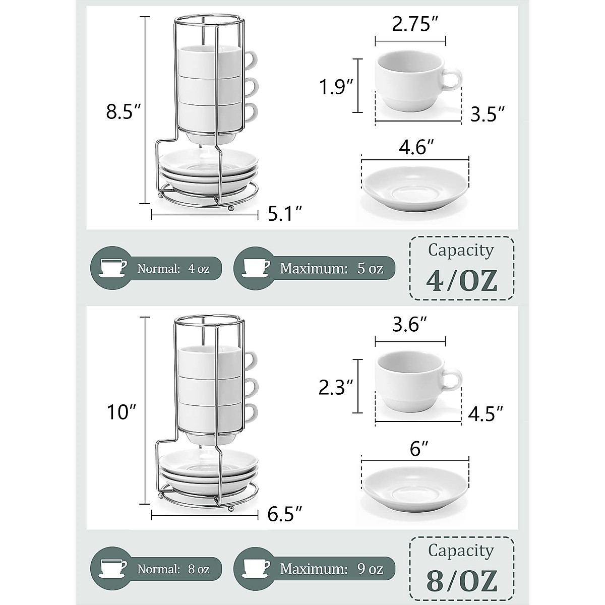 Yedio Porcelain 8 oz Coffee Cups with Saucers and Metal Stand, Porcelain Stackable Cappuccino Cups with Metal Stand, White, Set of 4