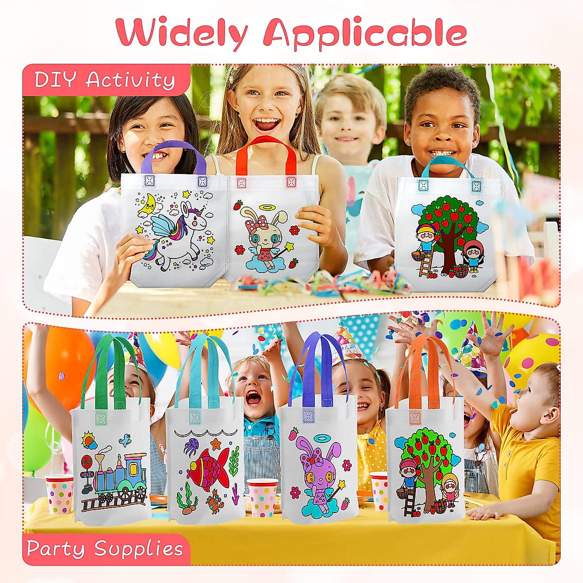 100 Pcs Coloring Goodie Bags Cute Cartoon Bags Reusable Party Favor Paint Bags Non Woven Goodie Bags for Kids Birthday Party Art DIY Crafts Supplies, 20 Styles