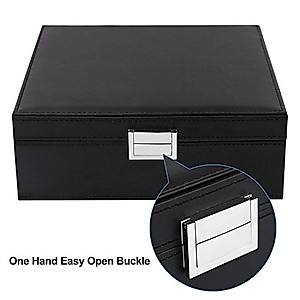 BEWISHOME Earring Organizer Holder for Cufflinks, Rings, Pendants, Chain - 50 Slots Case, 6 Necklace Hook, 2 Stackable Trays - Elegant Jewelry Storage Box for Girls Women, Black Faux Leather SSH11B