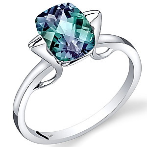 PEORA Created Alexandrite Solitaire Ring for Women 14K White Gold, Color-Changing 2.50 Carats Cushion Cut 9x7mm, Size 7