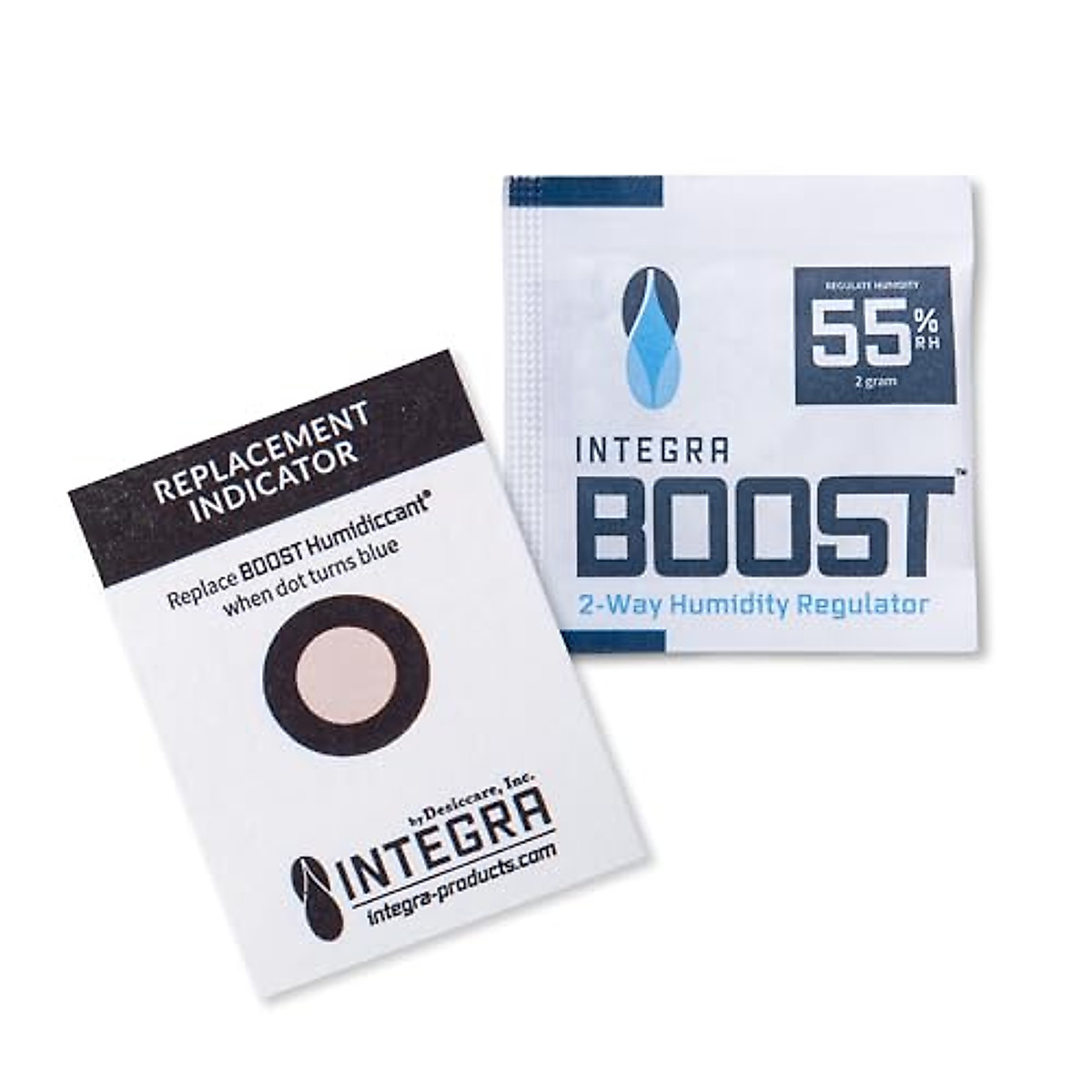 Integra Boost - 55% RH Level - 2 Gram Size - Two-Way Humidity Control Pack - Includes Humidity Indicator Cards - Humidity Balancer Packet For Packaged Foods & Herbs Storage, Protects 1/4 Oz, (50 pcs)