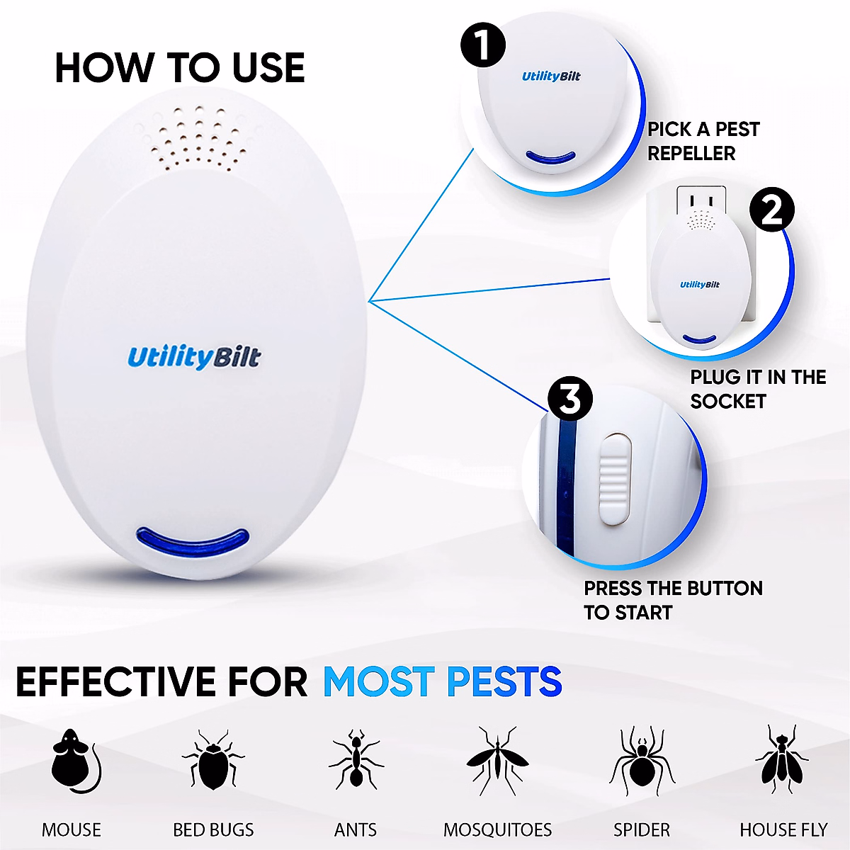UtilityBilt Ultrasonic Pest Repeller indoor 4 Pack Pest Repellent Ultrasonic Plug in for Home and Kitchen | Mouse Repellent | Eco-Friendly Safe for Humans, Bug Repellent for Pest Control, mice, Spider