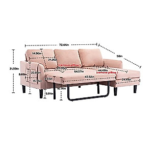 PEIHONGET Sleeper Sectional Sofa, 72.44" Velvet L-Shape 3 Seat with Pull Out Bed, Sectional Sofa Couch with Storage Chaise Living Room Bedroom Apartment(Pink)
