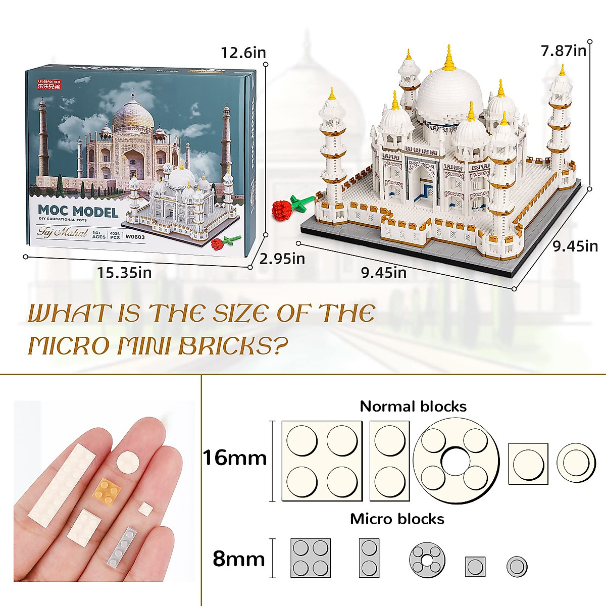 QLT Micro Mini Blocks Taj Mahal Architecture Building Toy Display Famous Architecture Model Kit for Adults and Kids Christmas Birthday Gift (4036 ​Pieces)