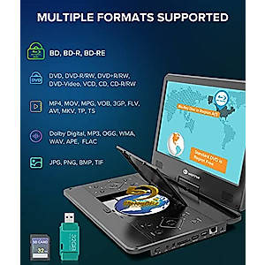 WONNIE 16.9" Portable Blu-Ray DVD Player with 14.1" 1080P Full HD Large Screen, Dolby Audio, 4 Hrs Rechargeable Battery, Support HDMI Out, AV in, USB/SD Card, Last Memory