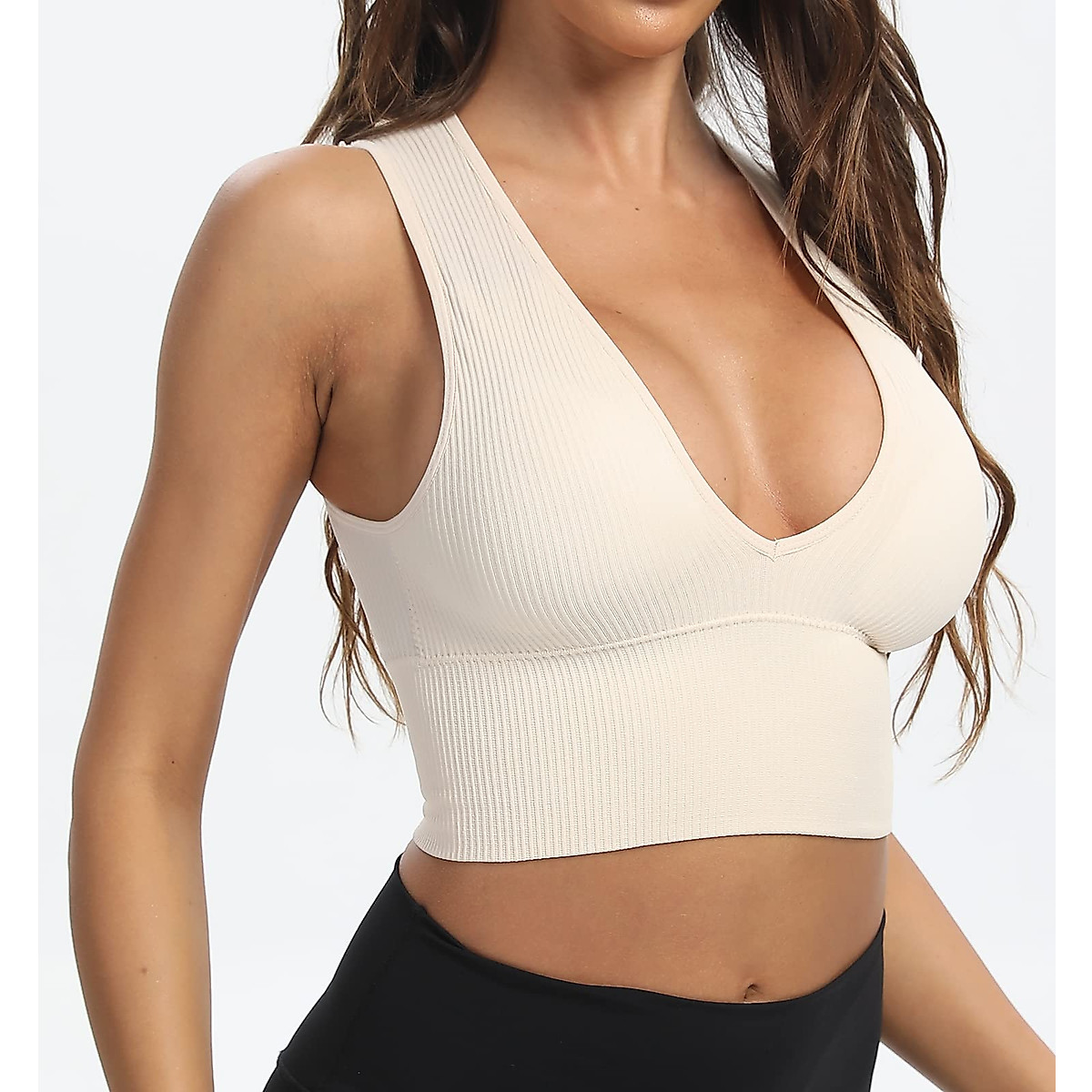 Venbond Women's Sexy Sleeveless Seamless Crop Top Deep Plunge V Neck Ribbed Tank Top with Removable Pads (Light Nude, M)